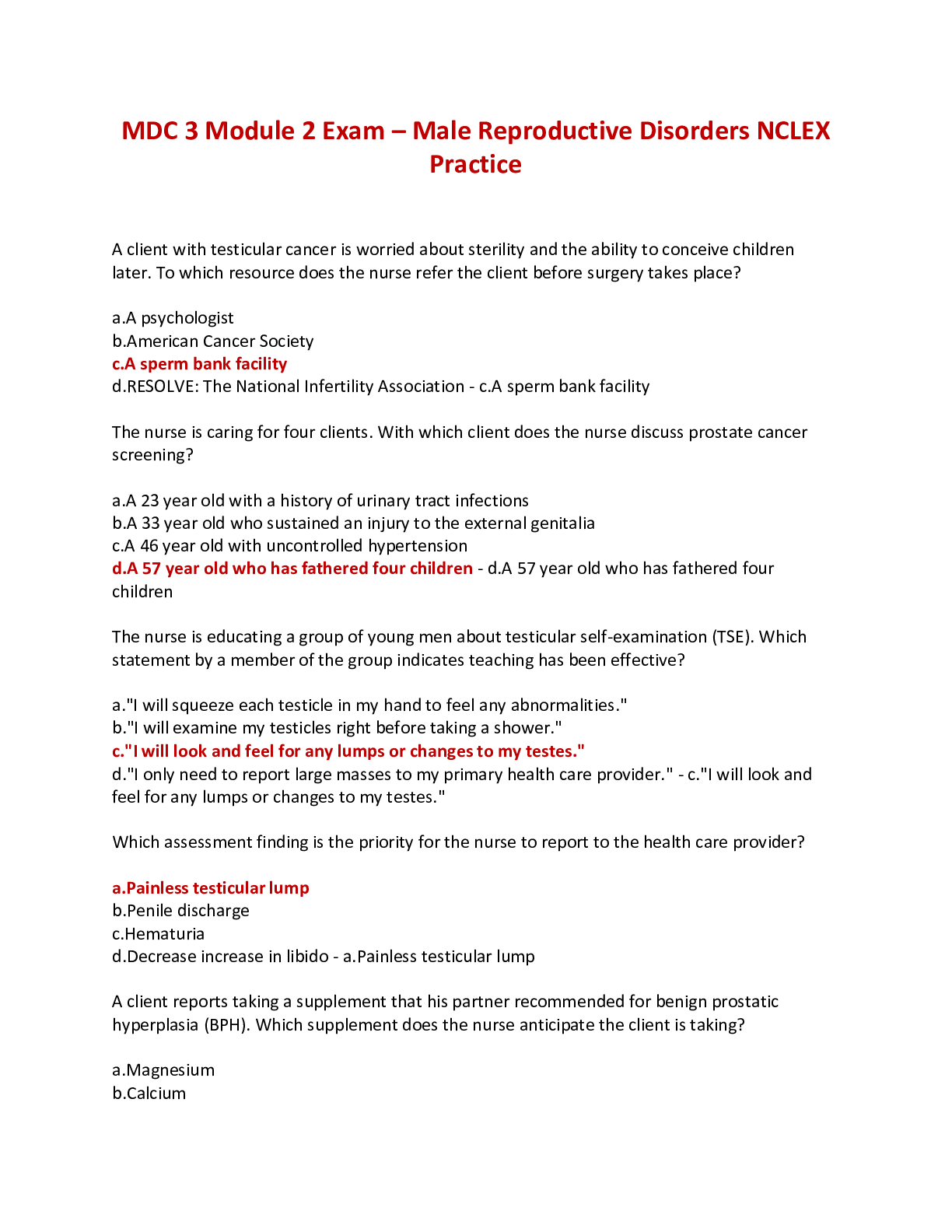 Multidimensional Care III / MDC 3 Module 2 Exam – Male Reproductive Disorders NCLEX Practice ...